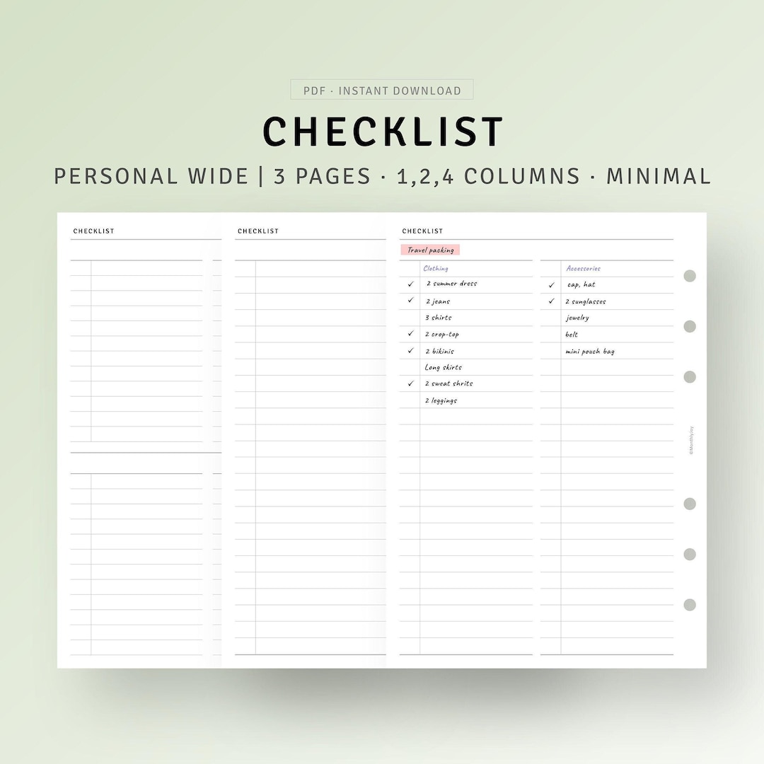 Blank Checklist Template Printable Personal Wide Inserts, Recurring ...