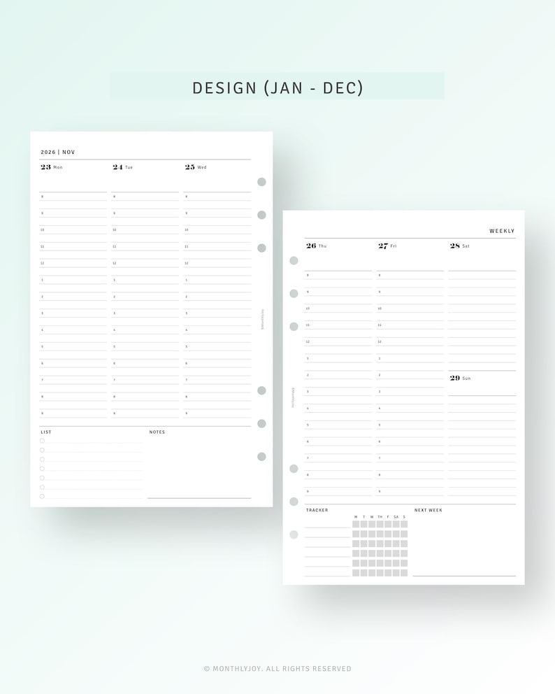 2026 Weekly Hourly Planner Half Size, WO2P Inserts Dated Printable ...