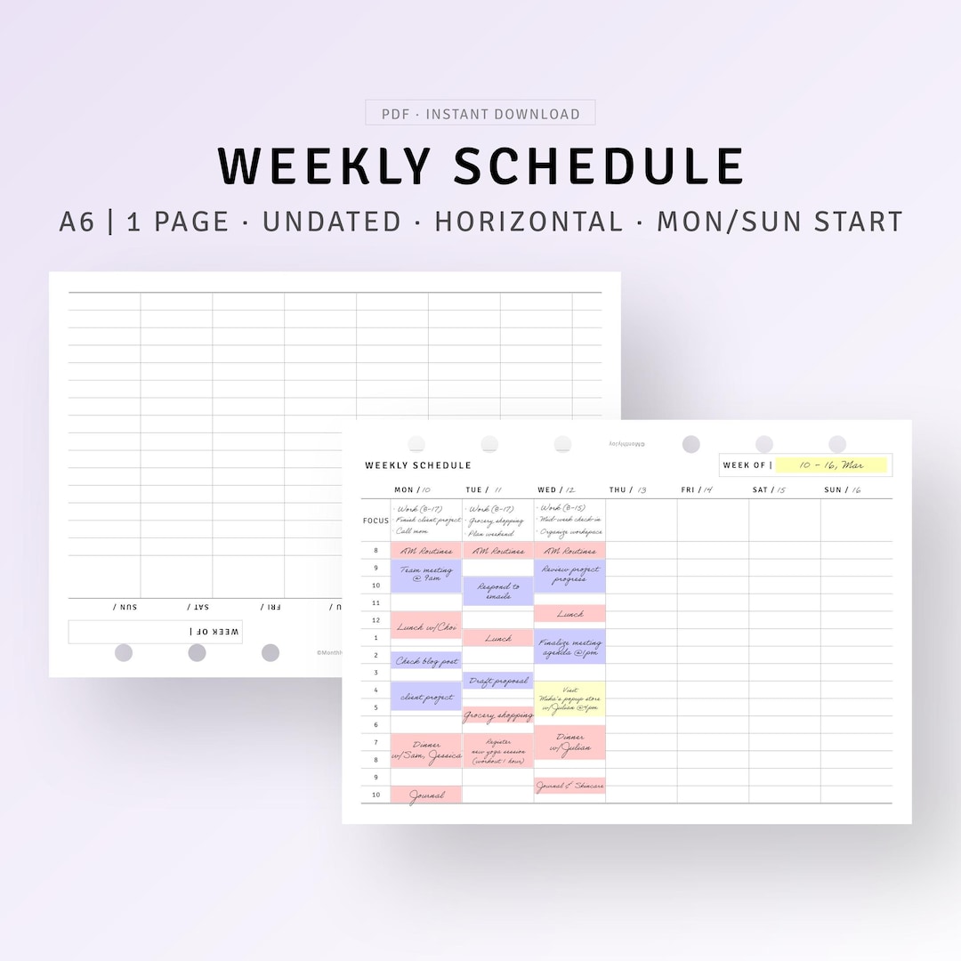 Printable Weekly Schedule Template A6 Inserts, Time Blocking Template ...