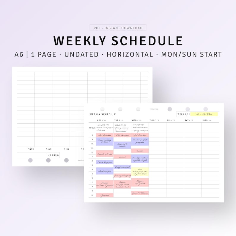 Printable Weekly Schedule Template A6 Inserts, Time Blocking Template ...