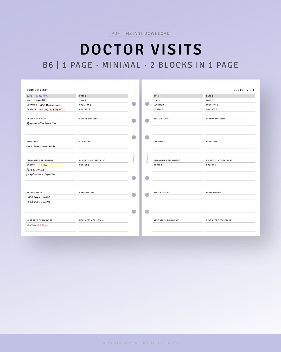 Doctor Visits Printable B6 Ring Inserts, Doctor Appointments Planner ...