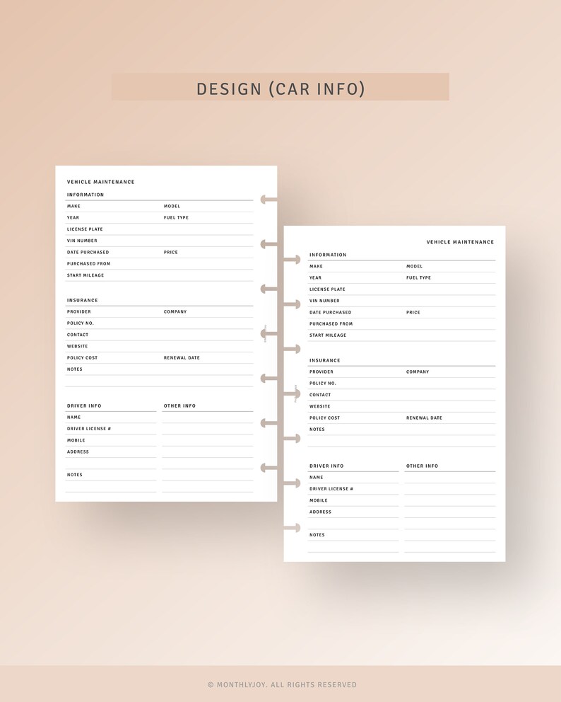 Car Maintenance Log Printable HP Mini Inserts, Auto Mileage Journal ...