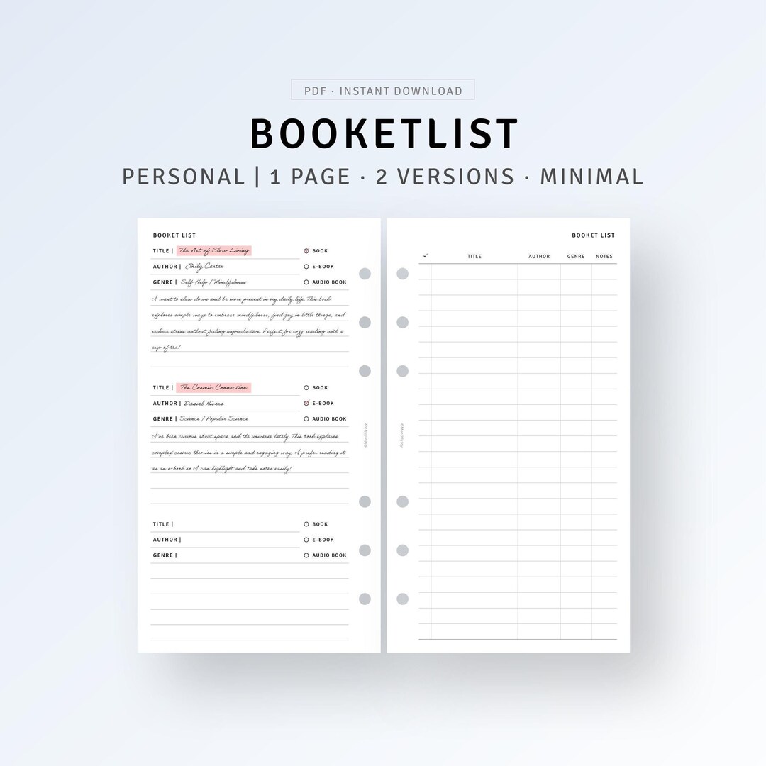 Personal Ring, Book Wish List Tracker Printable Books to Read Reminder ...