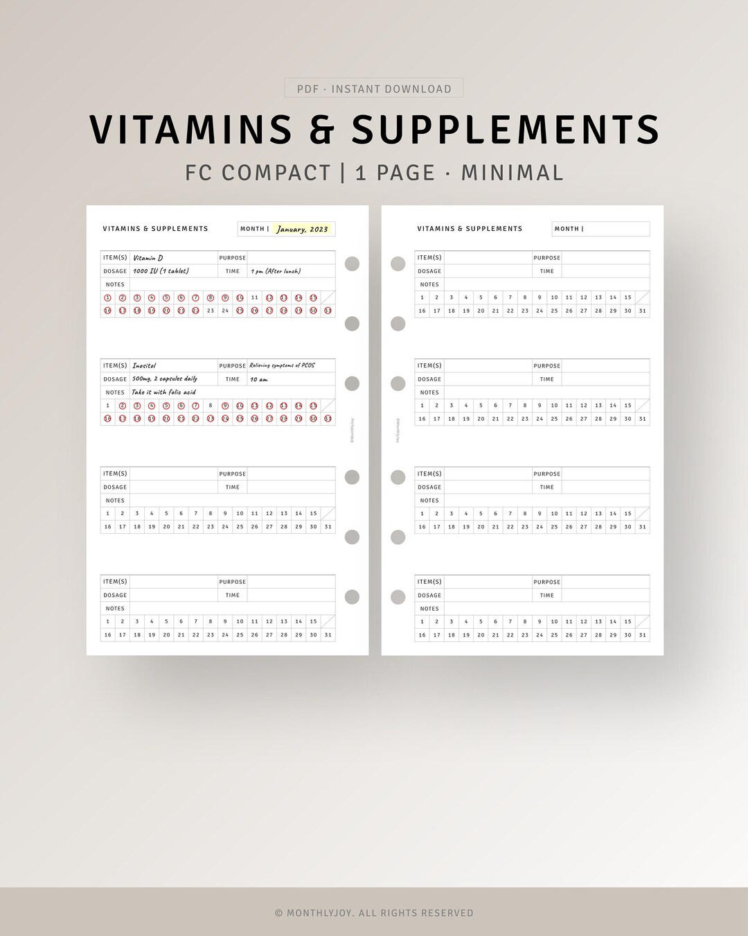 Vitamin Supplement Tracker FC Compact Printable Inserts, Medication Pill Log Tracker, Health ...