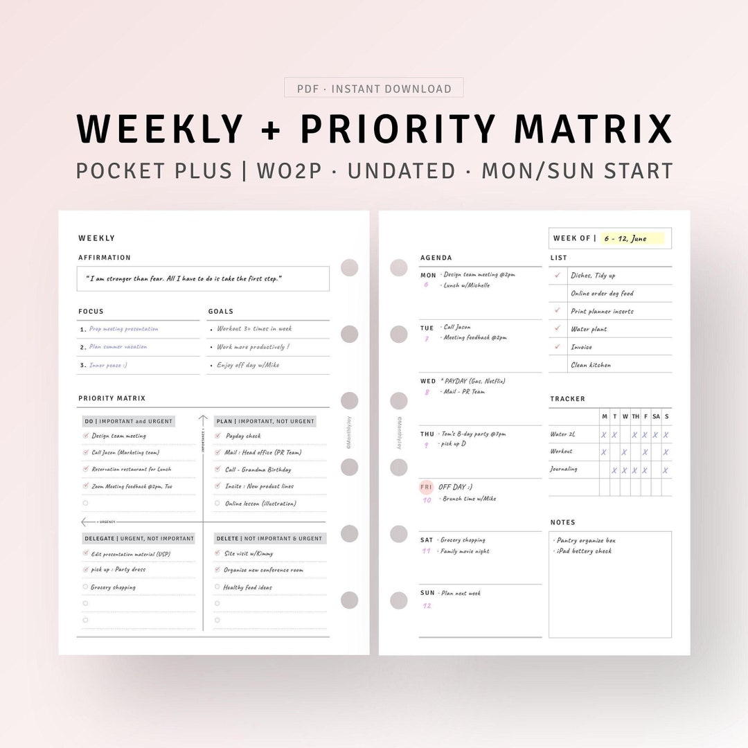 Weekly Agenda With Priority Matrix Pocket Plus Printable Undated Weekly ...
