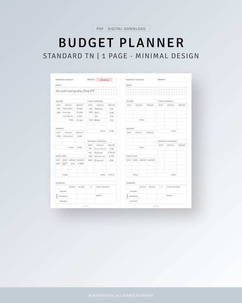 STANDARD TN Budget Planner Printable Finance Tracker - Etsy