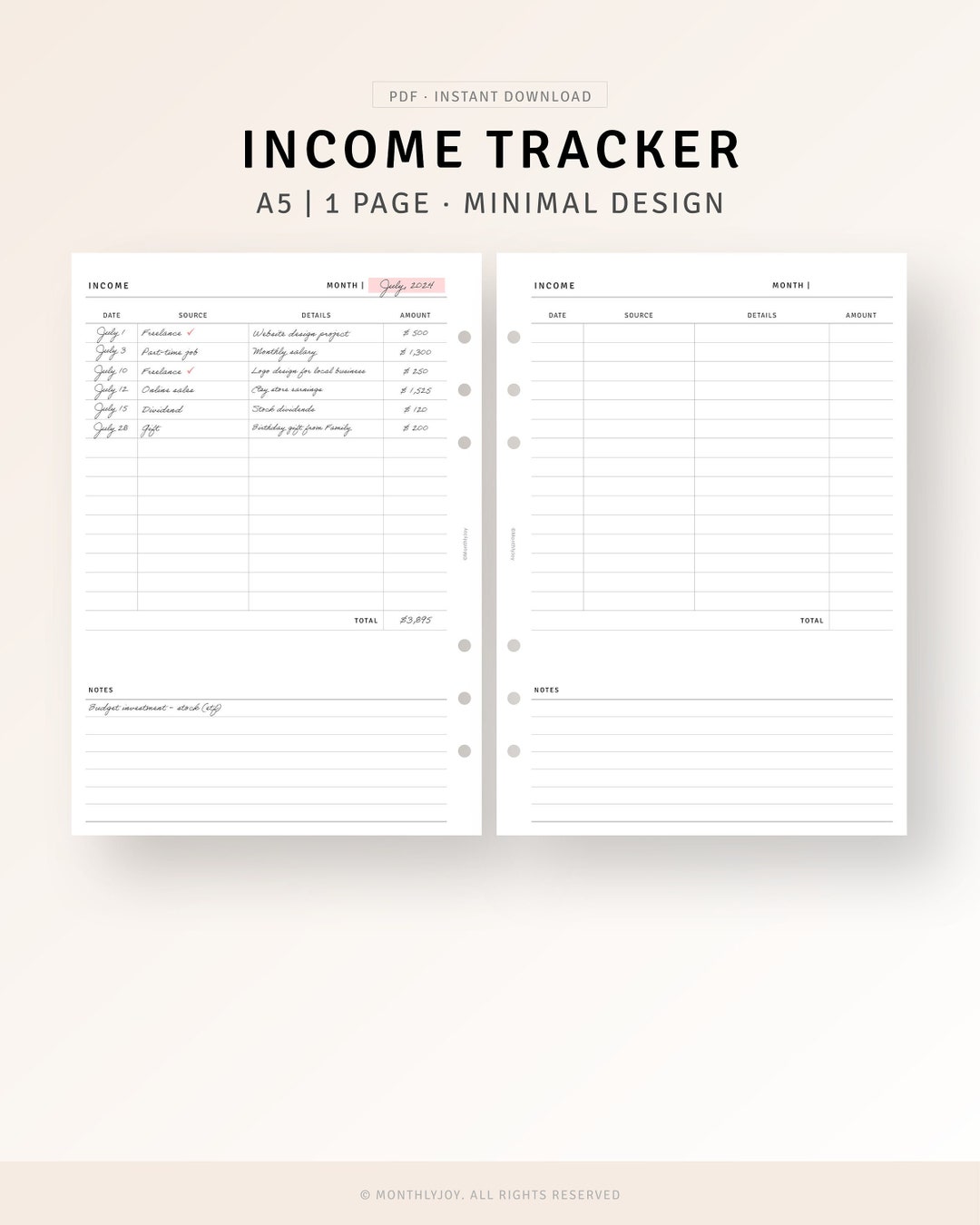 Income Tracker A5 Inserts Printable Planner Earnings Tracker, Personal ...