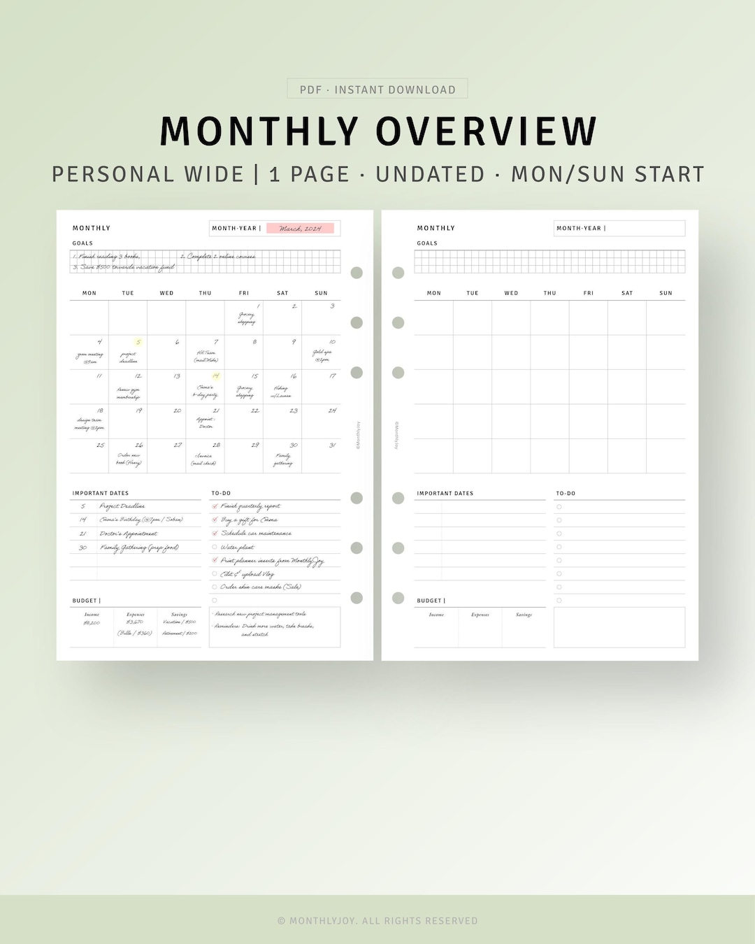 Month at A Glance Printable Personal Wide Inserts, Blank Calendar With ...