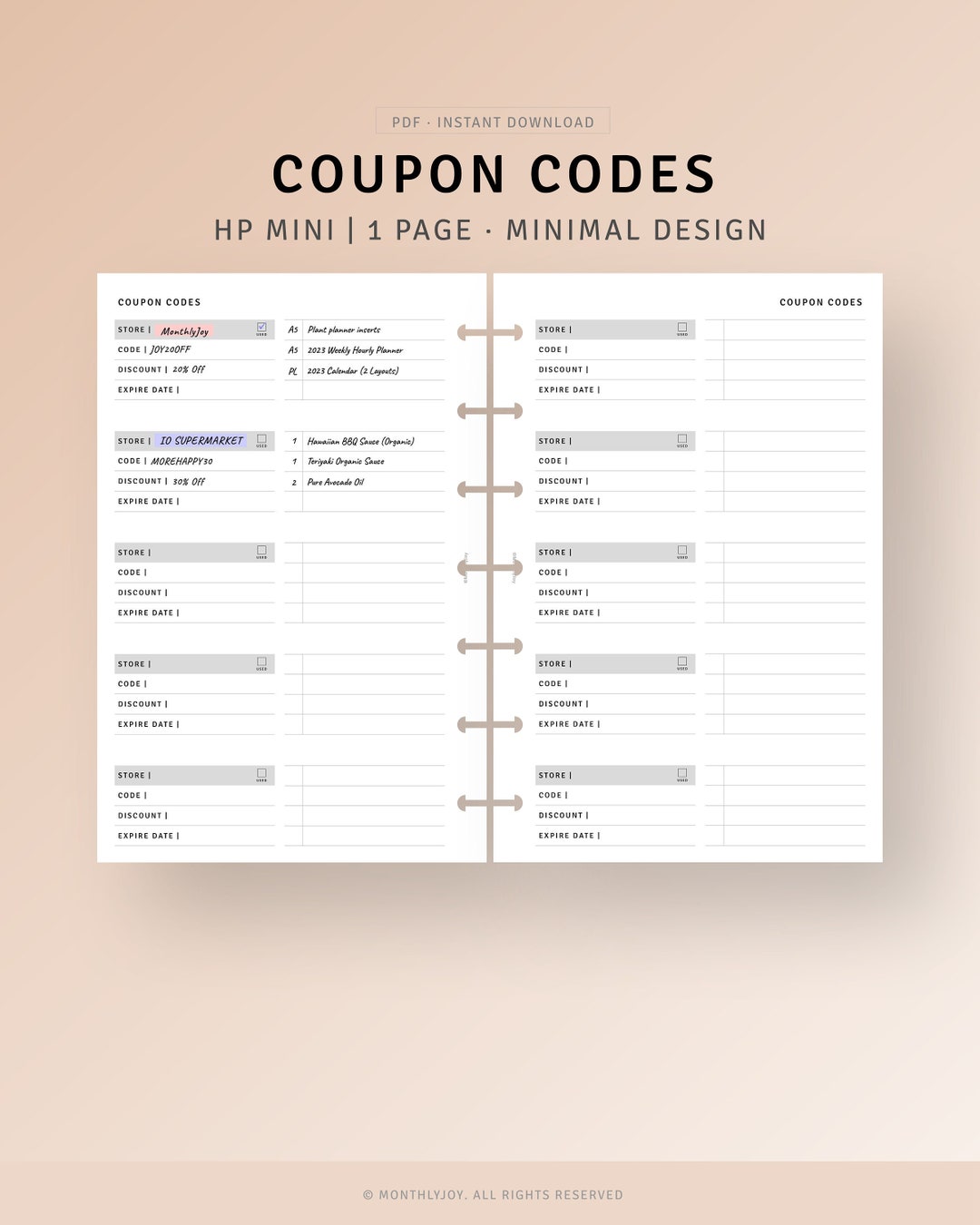Coupon Tracker Planner HP Mini Inserts Printable, Shopping Discount Log ...