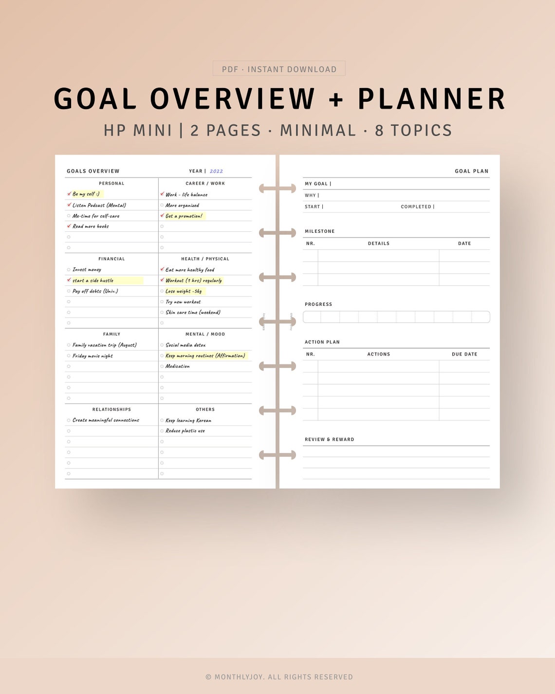 Goal Planner HP Mini Inserts Printable Goal Setting Template - Etsy