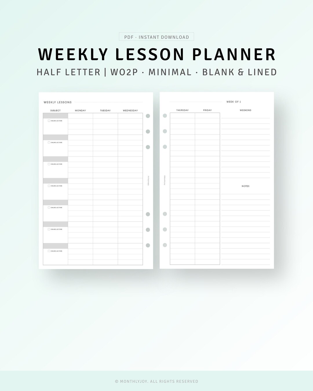 Weekly Lesson Planner Printable Half Letter Inserts, Weekly Subject ...