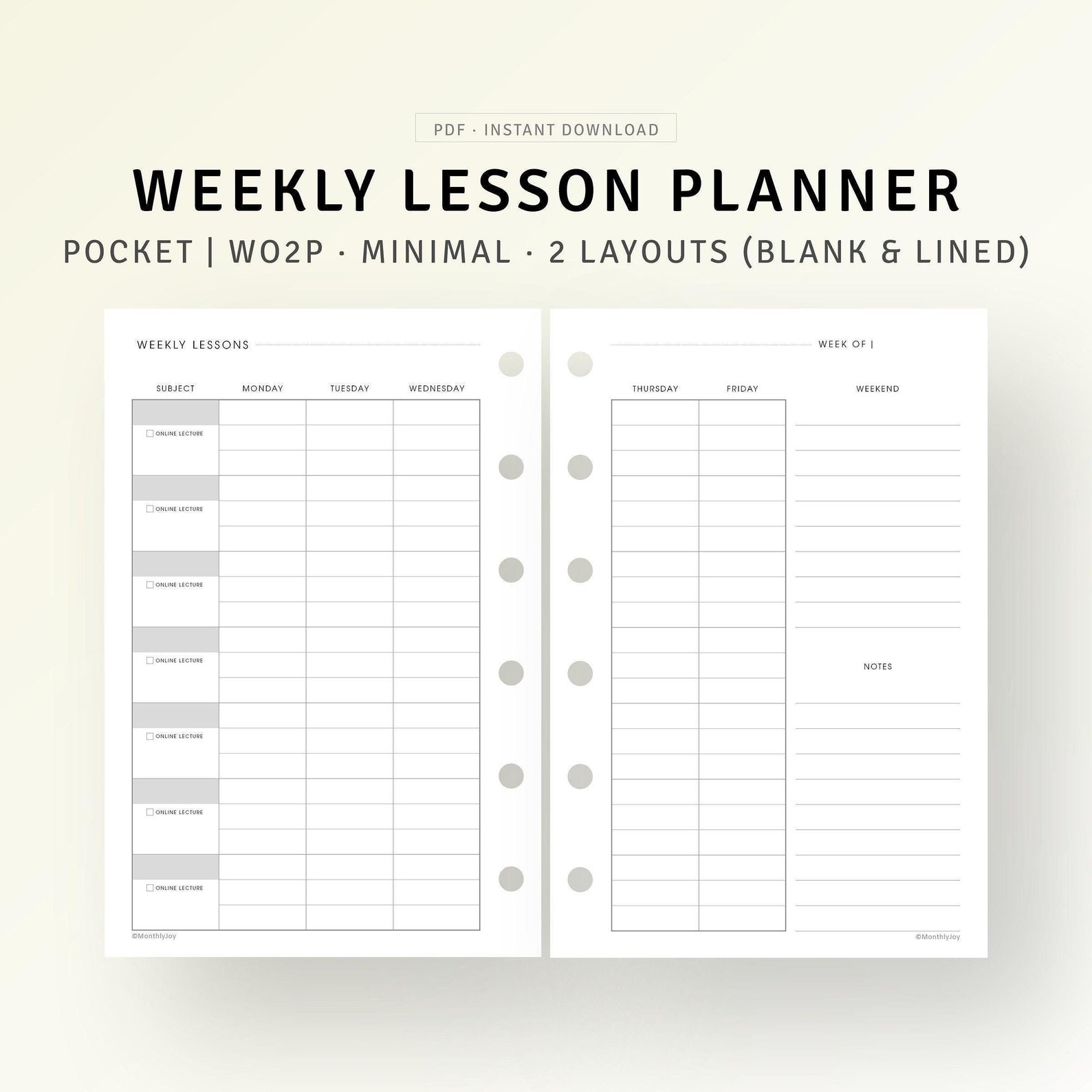 Weekly Lesson Lecture Planner Pocket Size Printable Student Multiple ...