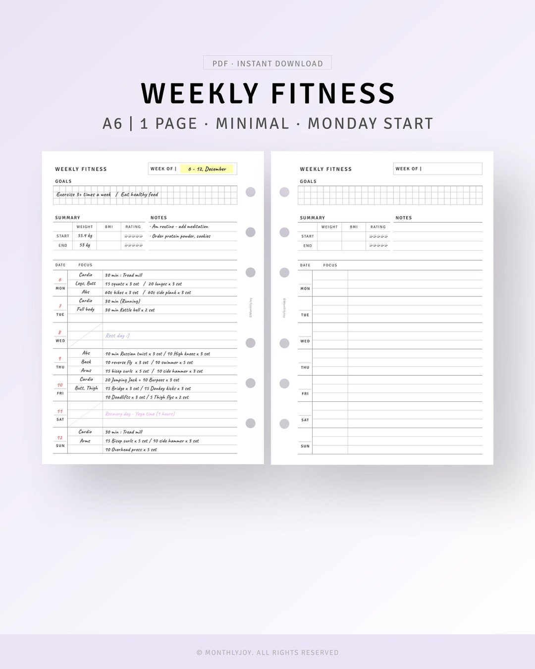 Workout Tracker Printable A6 Inserts, Fitness Calendar Template PDF ...