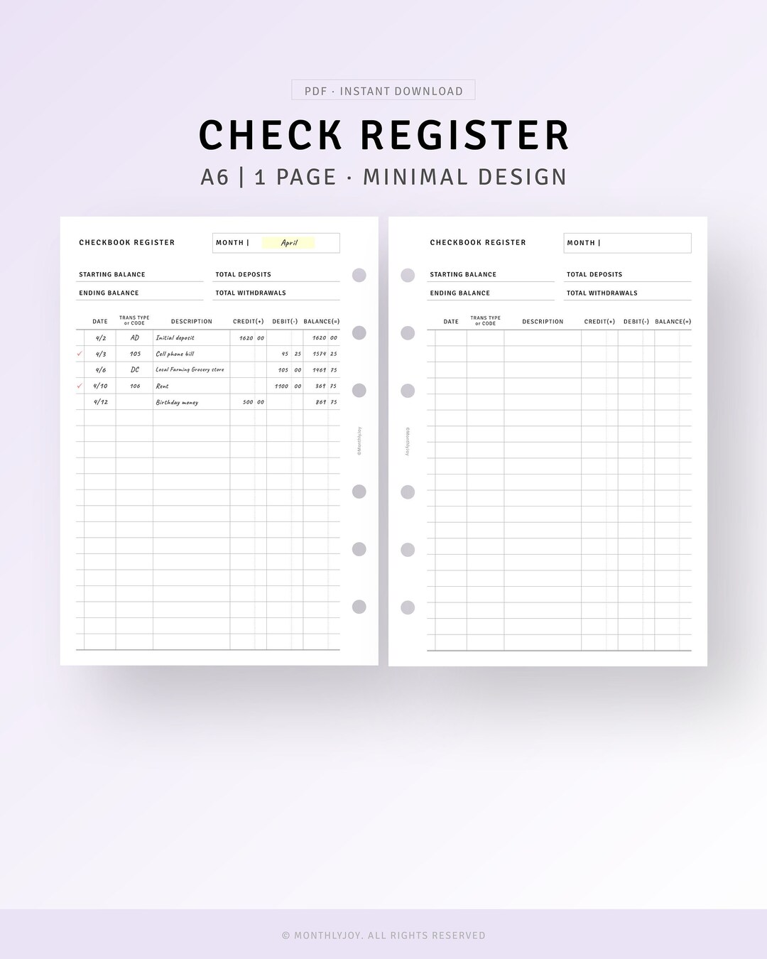 Checkbook Register A6 Planner Printable Spending Log, Checkbook Ledger ...