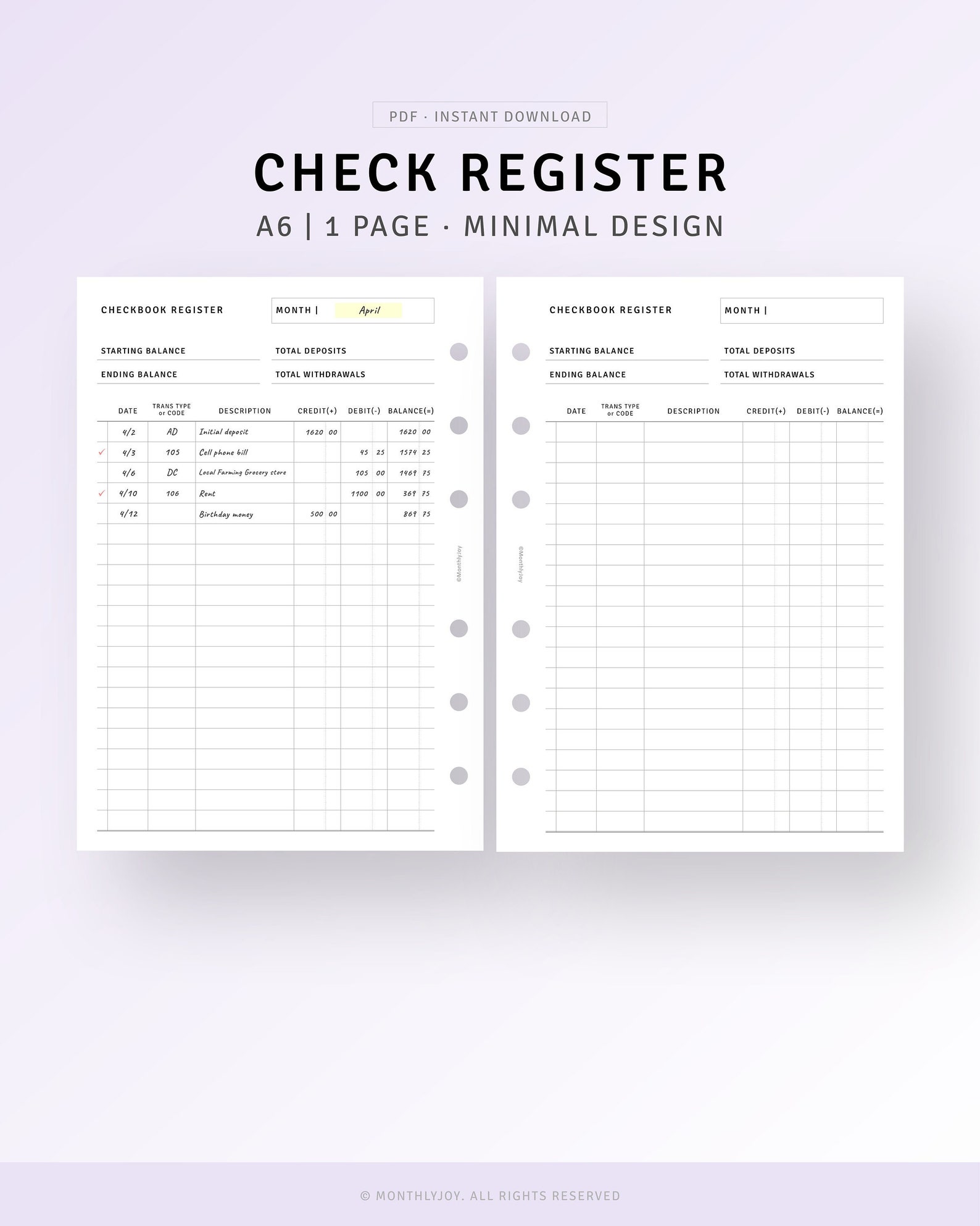 Checkbook Register A6 Planner Printable Spending Log, Checkbook Ledger ...