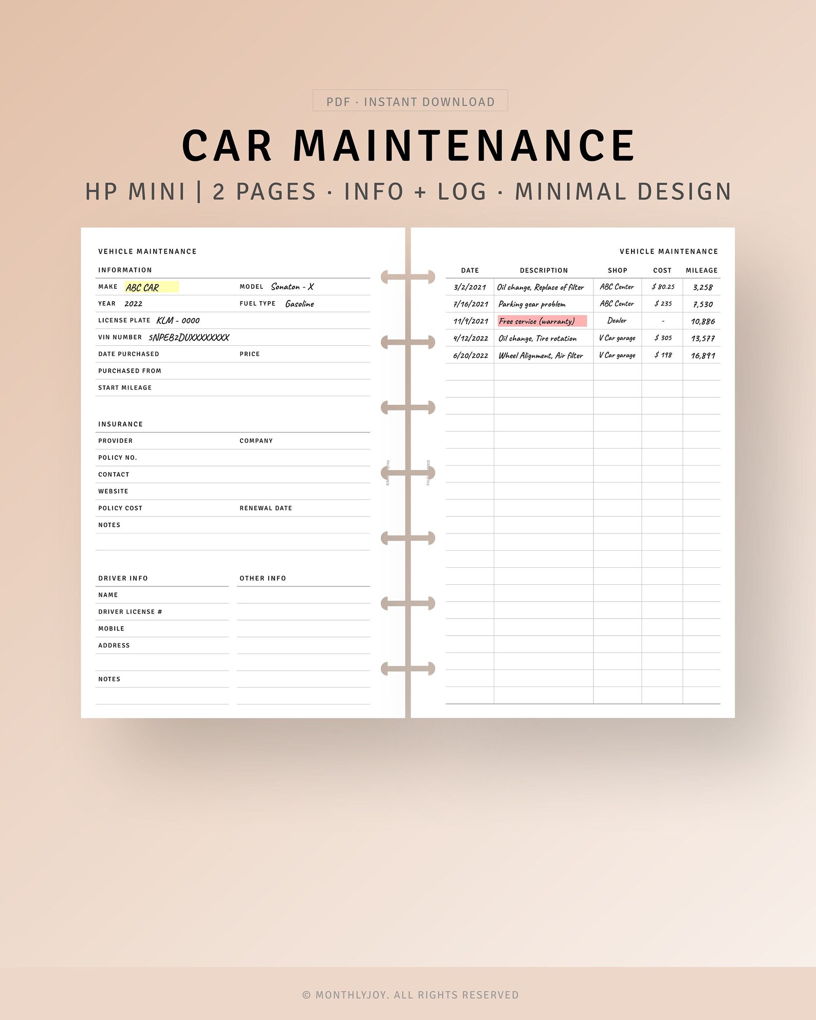 Car Maintenance Log Printable HP Mini Inserts Auto Mileage - Etsy