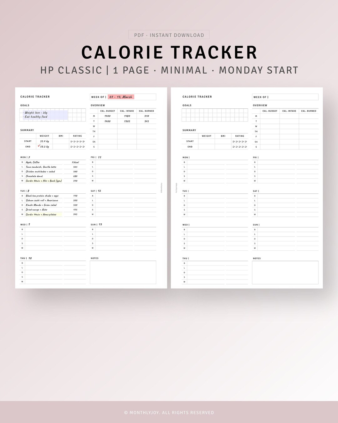 Weekly Calorie Tracker Printable HP Classic Inserts, Food Meal Diary ...
