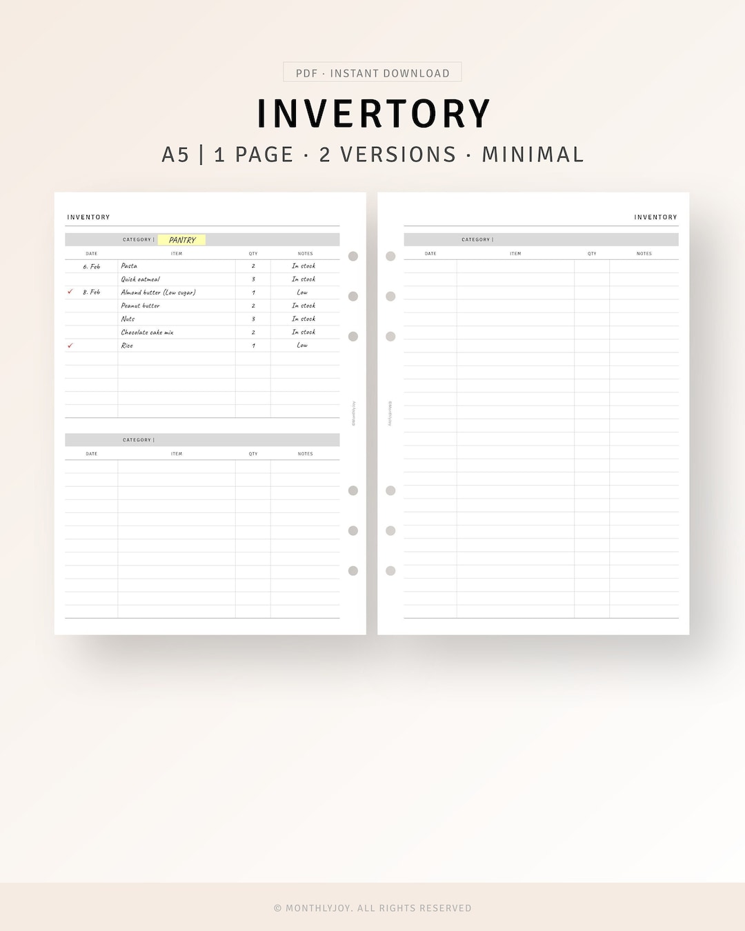 Inventory Tracker Template A5 Planner Printable Inserts, Kitchen ...