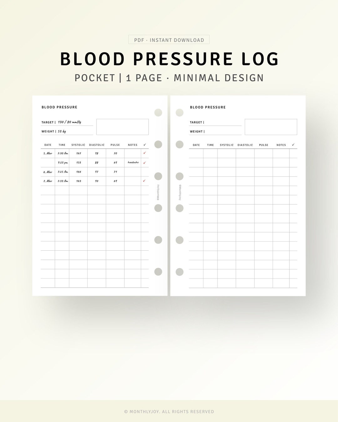 Blood Pressure Log Printable Pocket Size Inserts, Medical Vitals ...