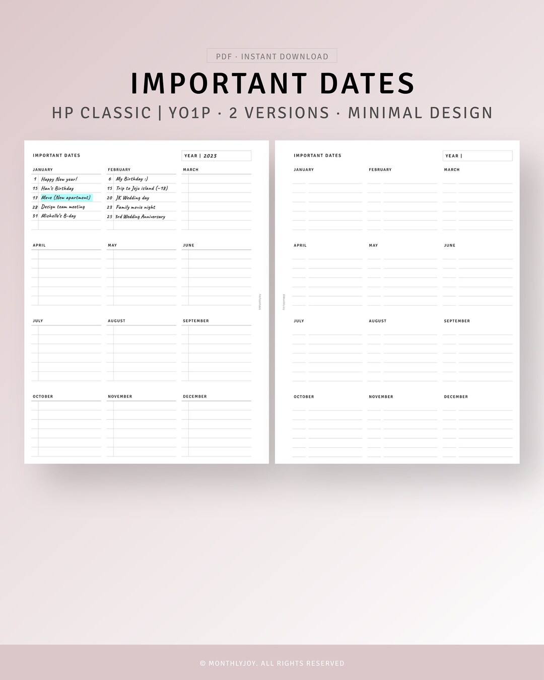 Yearly Important Dates HP Classic Printable Inserts, Birthday Parties ...