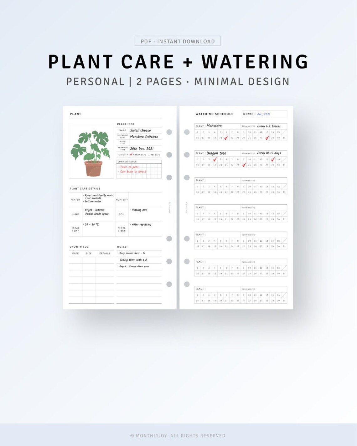Personal Plant Planner Inserts Printable House Plant Garden | Etsy