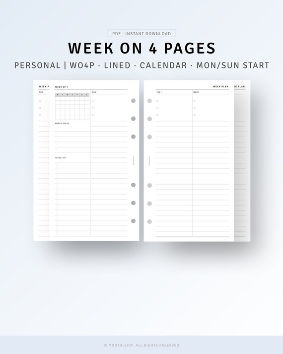 Personal Week on 4 Pages Printable Weekly Planner Undated - Etsy