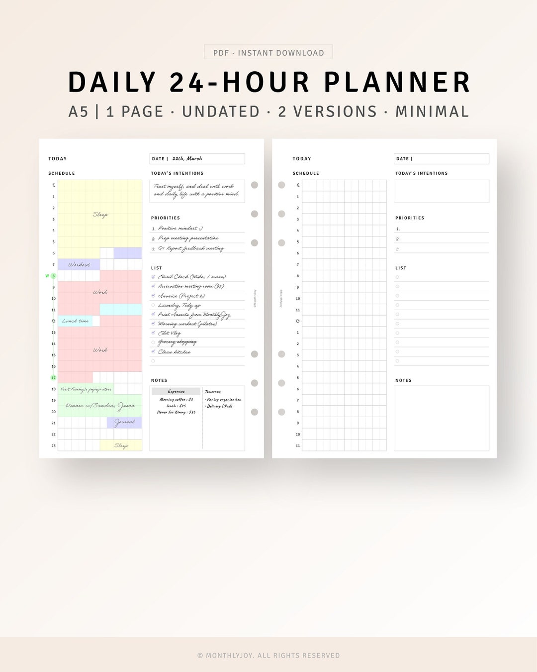 24 Hour Daily Planner Printable A5 Inserts, Military Time Planner, Time ...