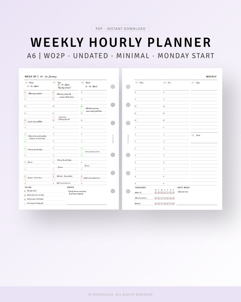 A6 Size Weekly Hourly Planner Printable Schedule Organizer - Etsy