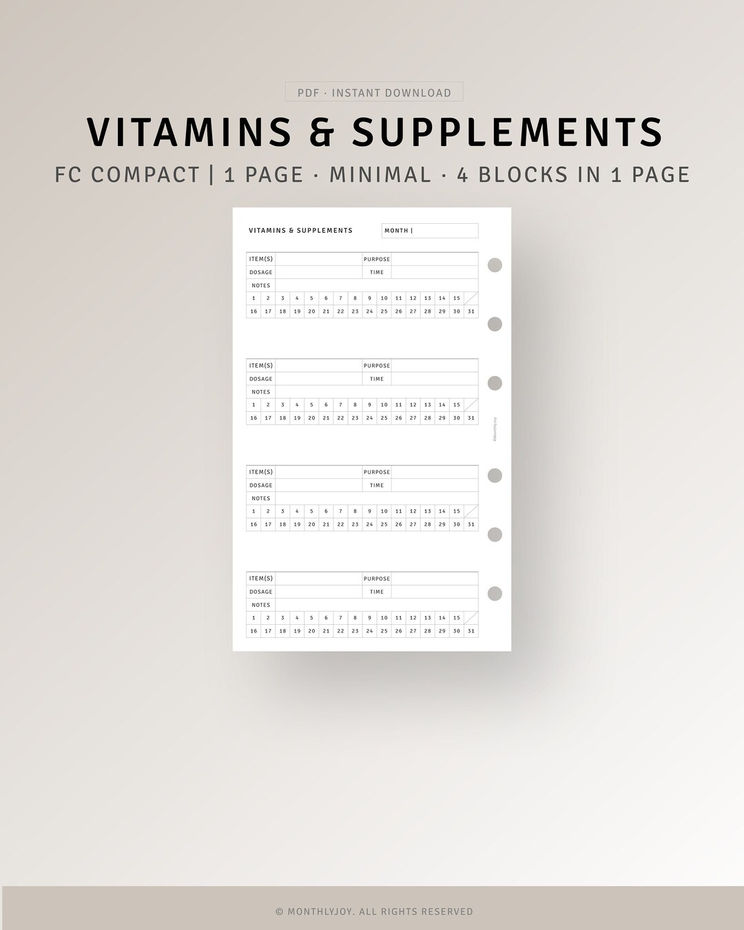 Vitamin Supplement Tracker FC Compact Printable Inserts - Etsy