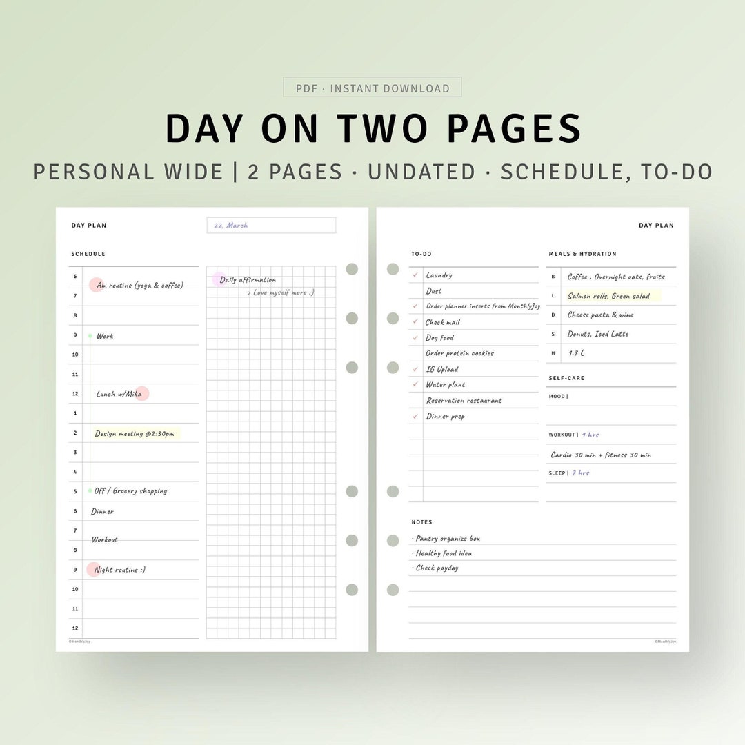 Daily Schedule Organizer Printable Personal Wide Ring, Day on 2 Pages ...