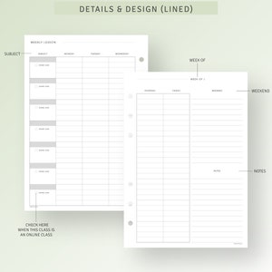 Lesson Planner Printable Personal Wide Inserts, Weekly Student Subject ...