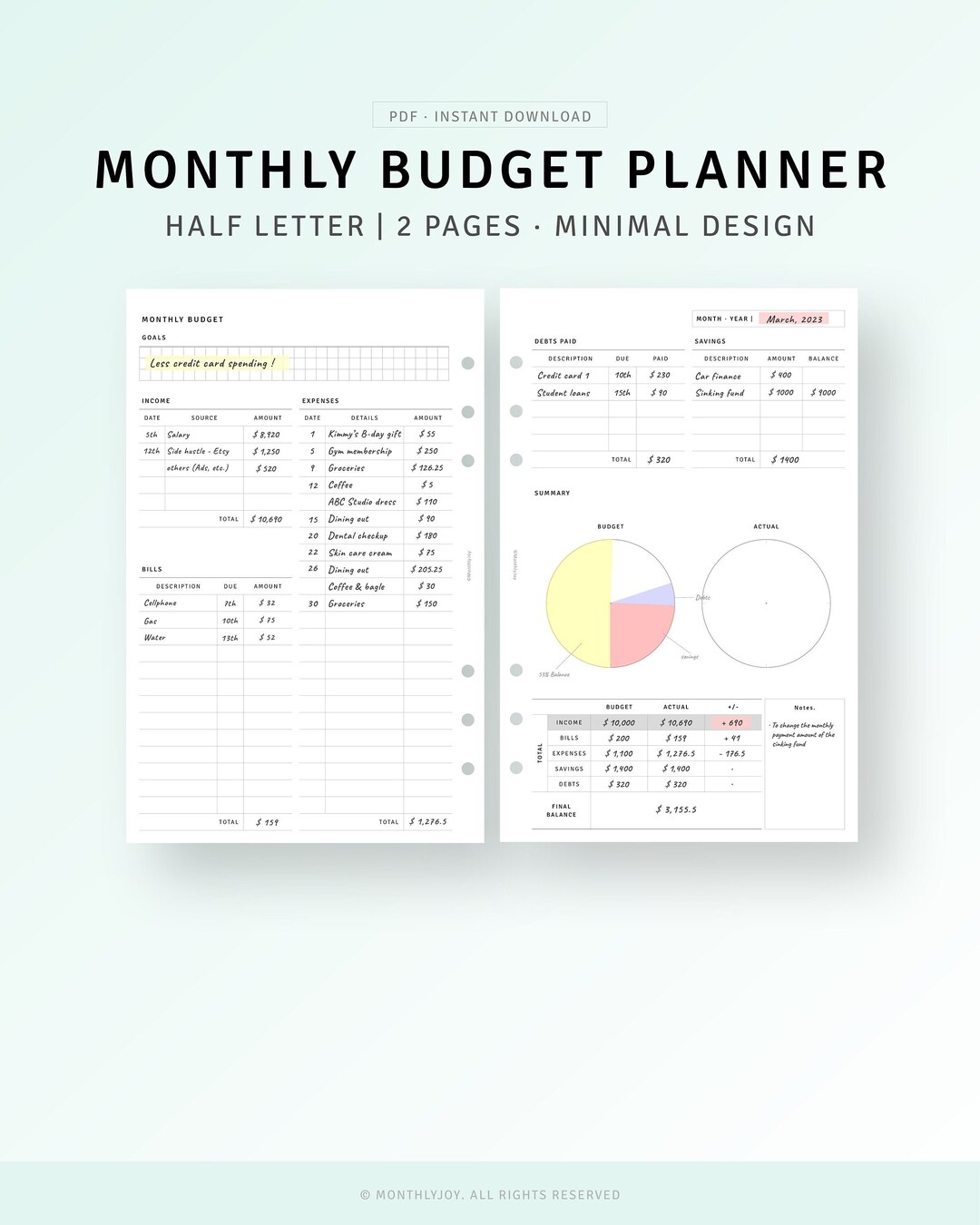 Budget Planning Printable Income Expense Tracker, Monthly Bill ...