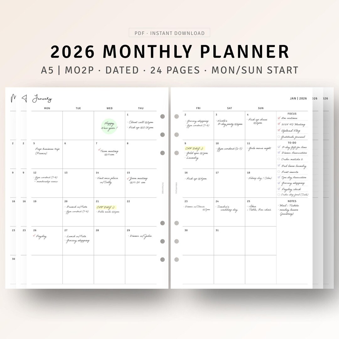 2026 A5 Monthly Planner Printable Dated Calendar Inserts Refills ...