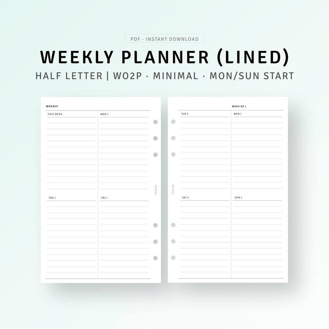Undated Weekly Planner Half Letter Inserts Printable Week on 2 Pages ...
