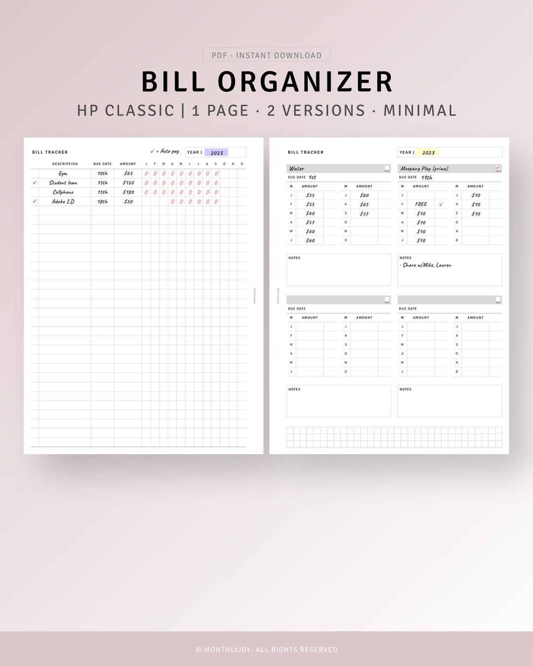 Bill Organizer HP Classic Printable Inserts, Spending Tracker Template ...