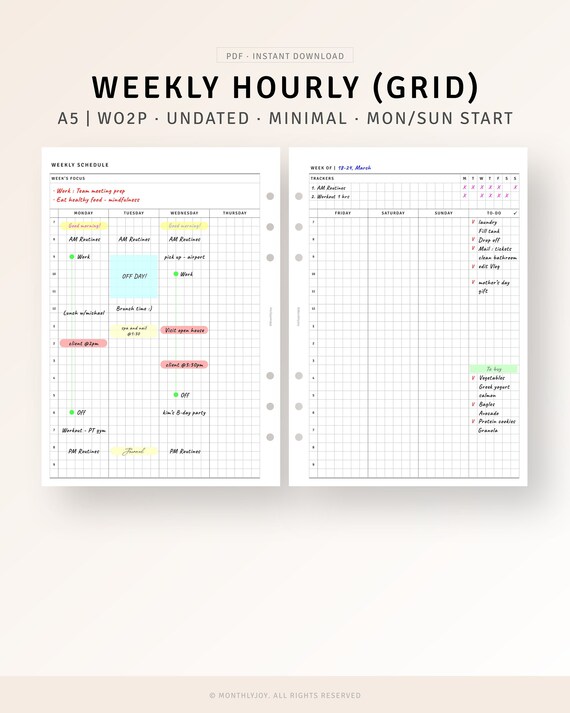 Weekly Hourly Planner Printable A5 Inserts Week on Two Pages - Etsy