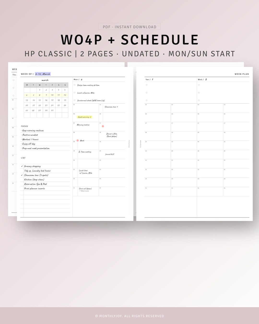 Week on 4 Pages Printable HP Classic Size Inserts, Weekly Schedule ...