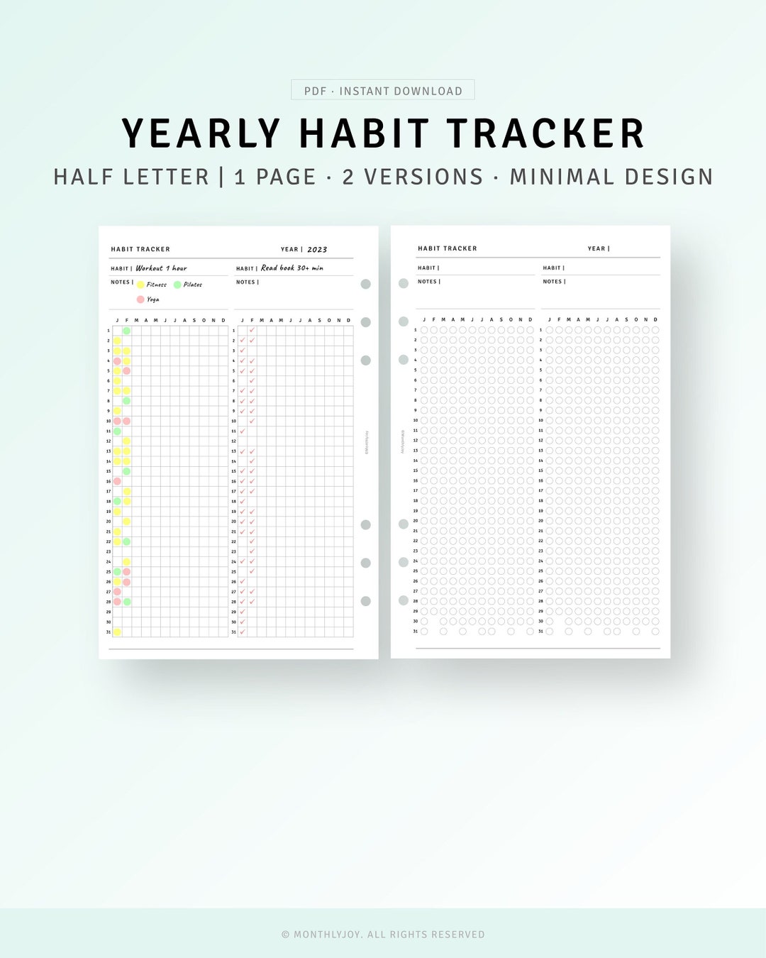 Yearly Habit Tracker Printable Half Letter Inserts, A Year in Pixel ...
