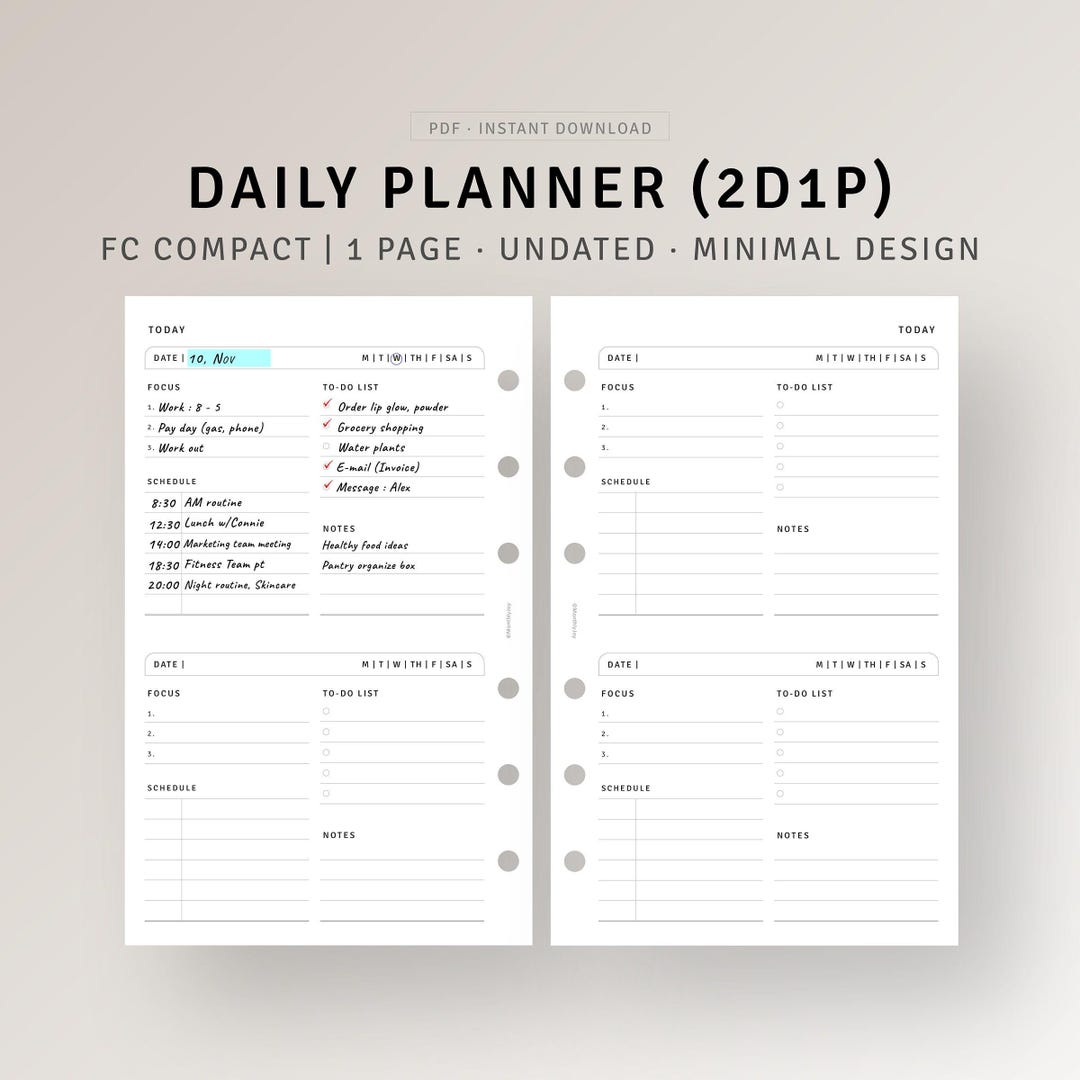 Undated Daily Planner Printable FC Compact Inserts, 2 Days on 1 Page ...