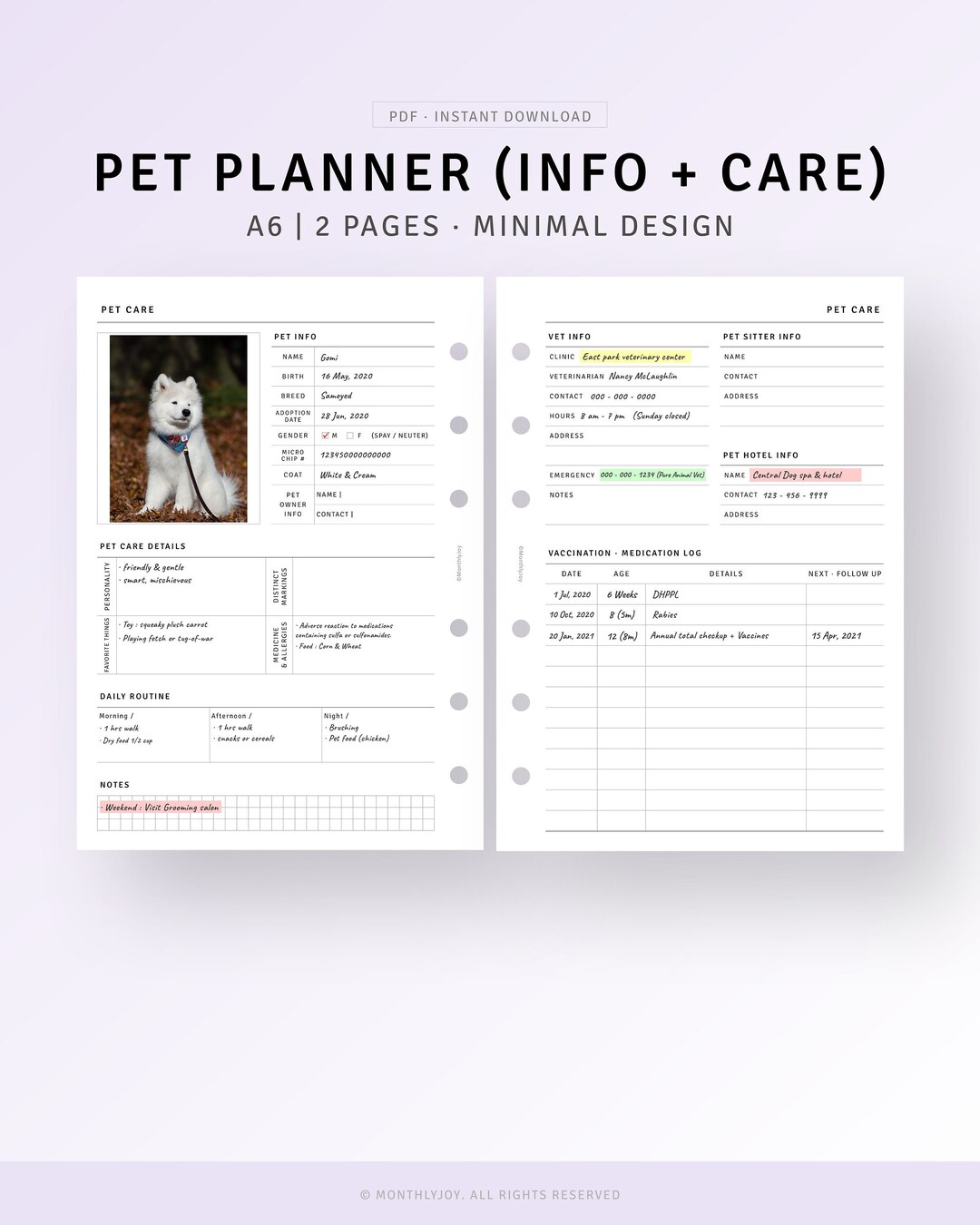 Pet Planner Printable A6 Ring, Puppy Health Information Organizer ...