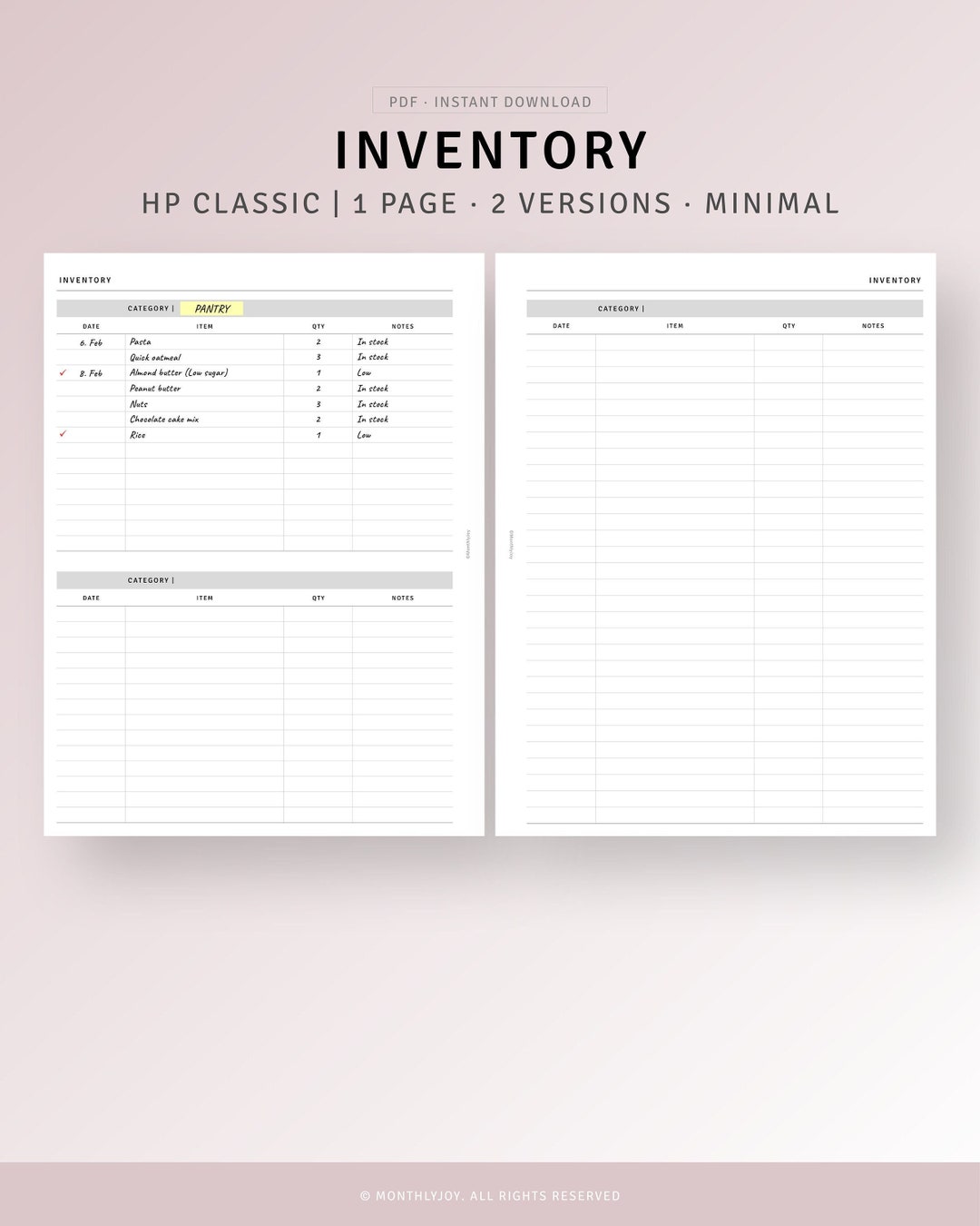 Inventory Tracker Template HP Classic Printable Inserts, Food Kitchen ...