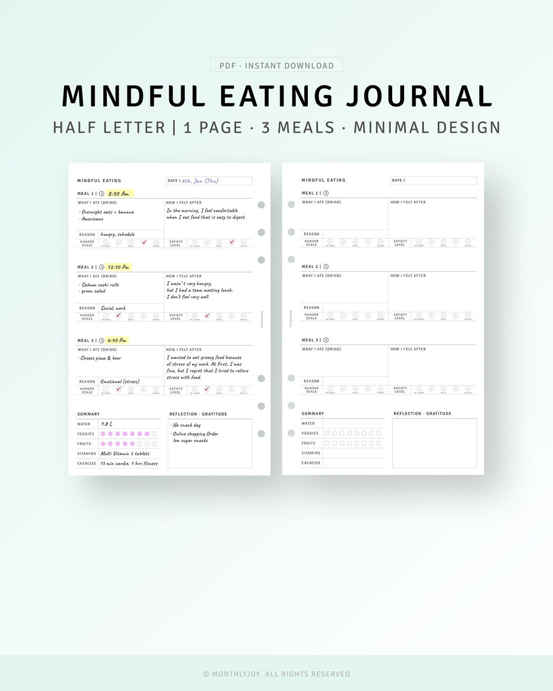 Half-letter, Mindful Eating Journal Printable Food Sensitivities Log ...