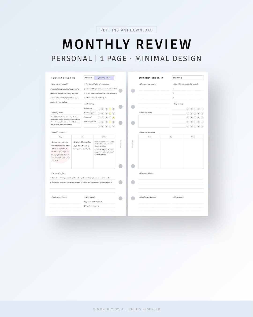 Monthly Reflection Printable Personal Inserts, Monthly Review Template ...
