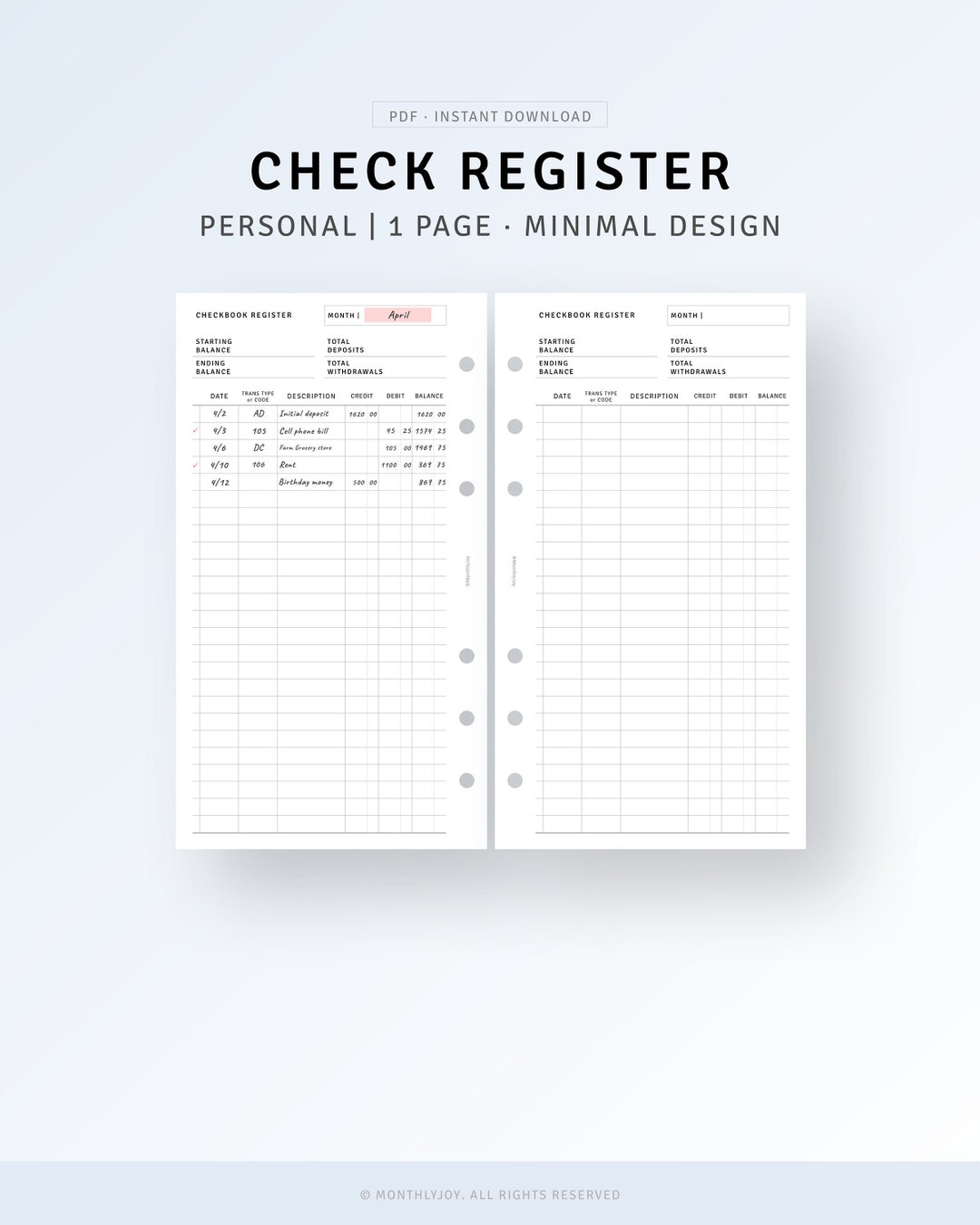 Check Book Register Personal Ring Printable Inserts, Spending Log, Bank ...