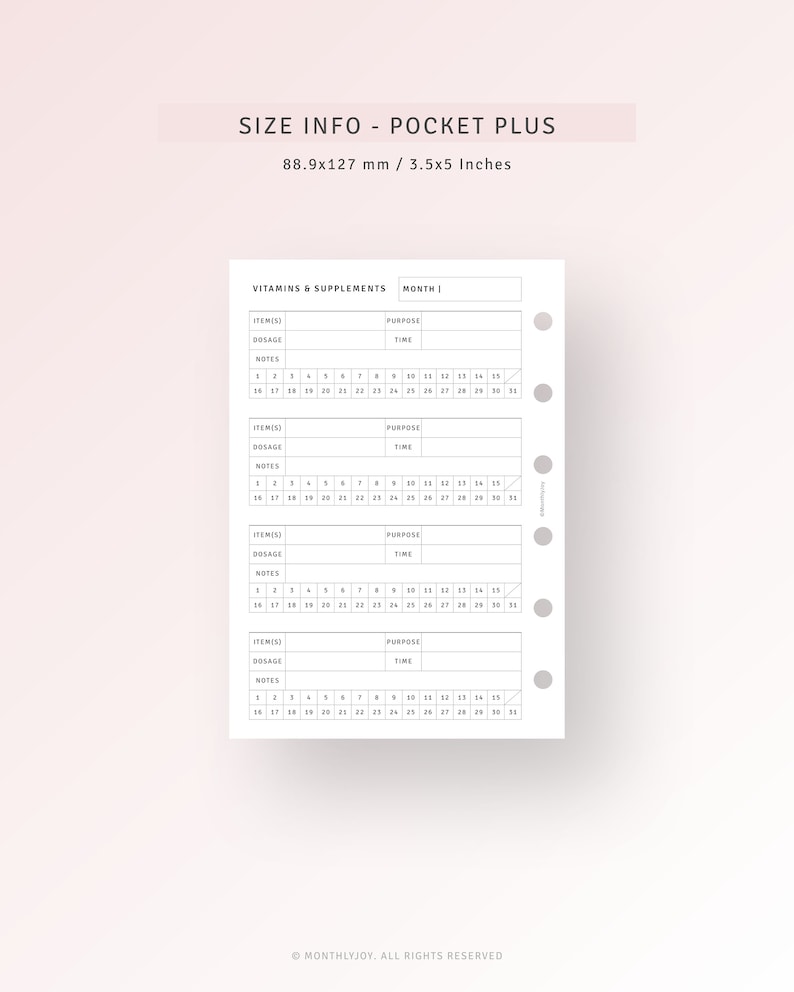 Pocket Plus Vitamin Tracker Printable Medication Log Sheet - Etsy