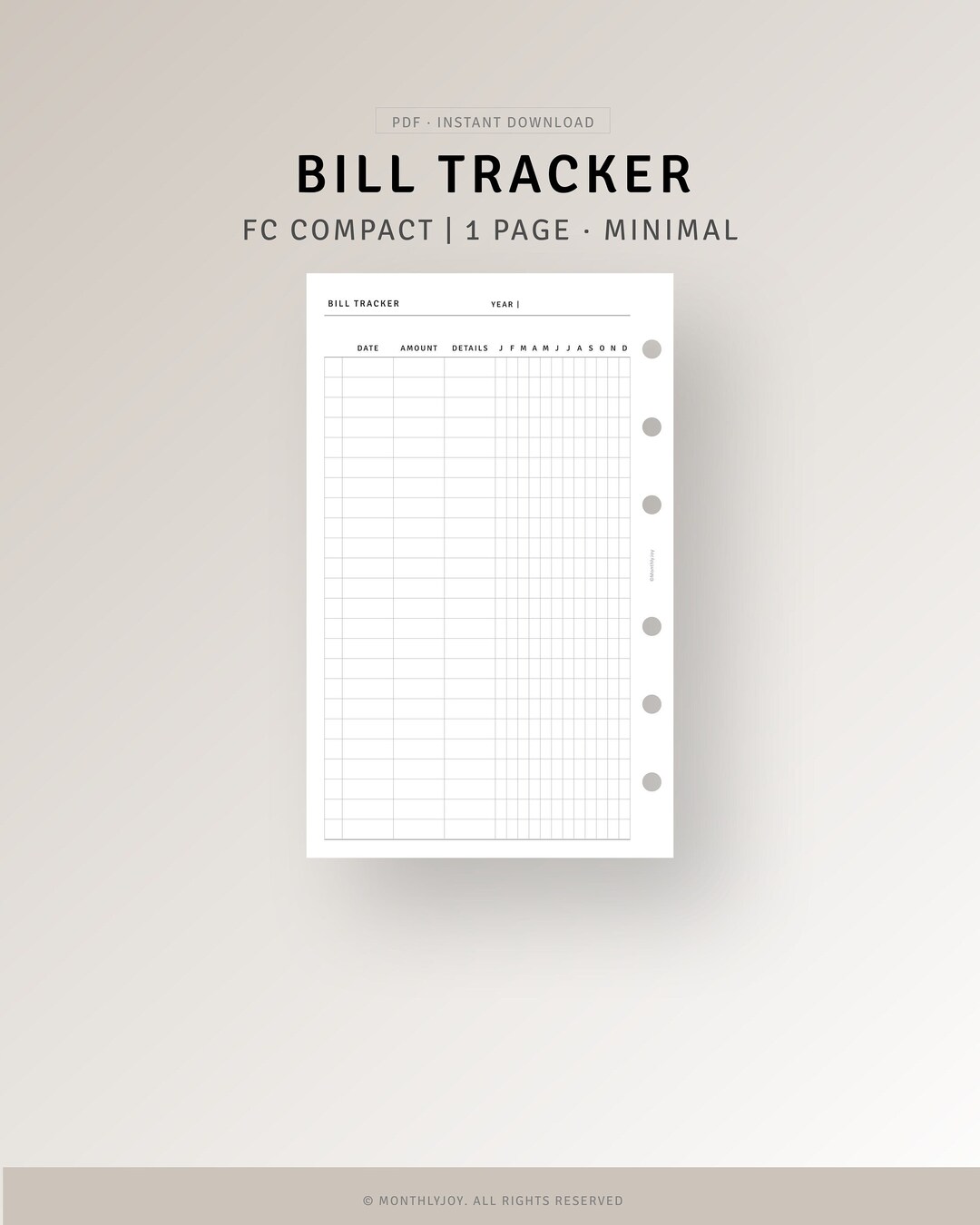 Bill Tracker Printable FC Compact Payment Reminder Bill - Etsy