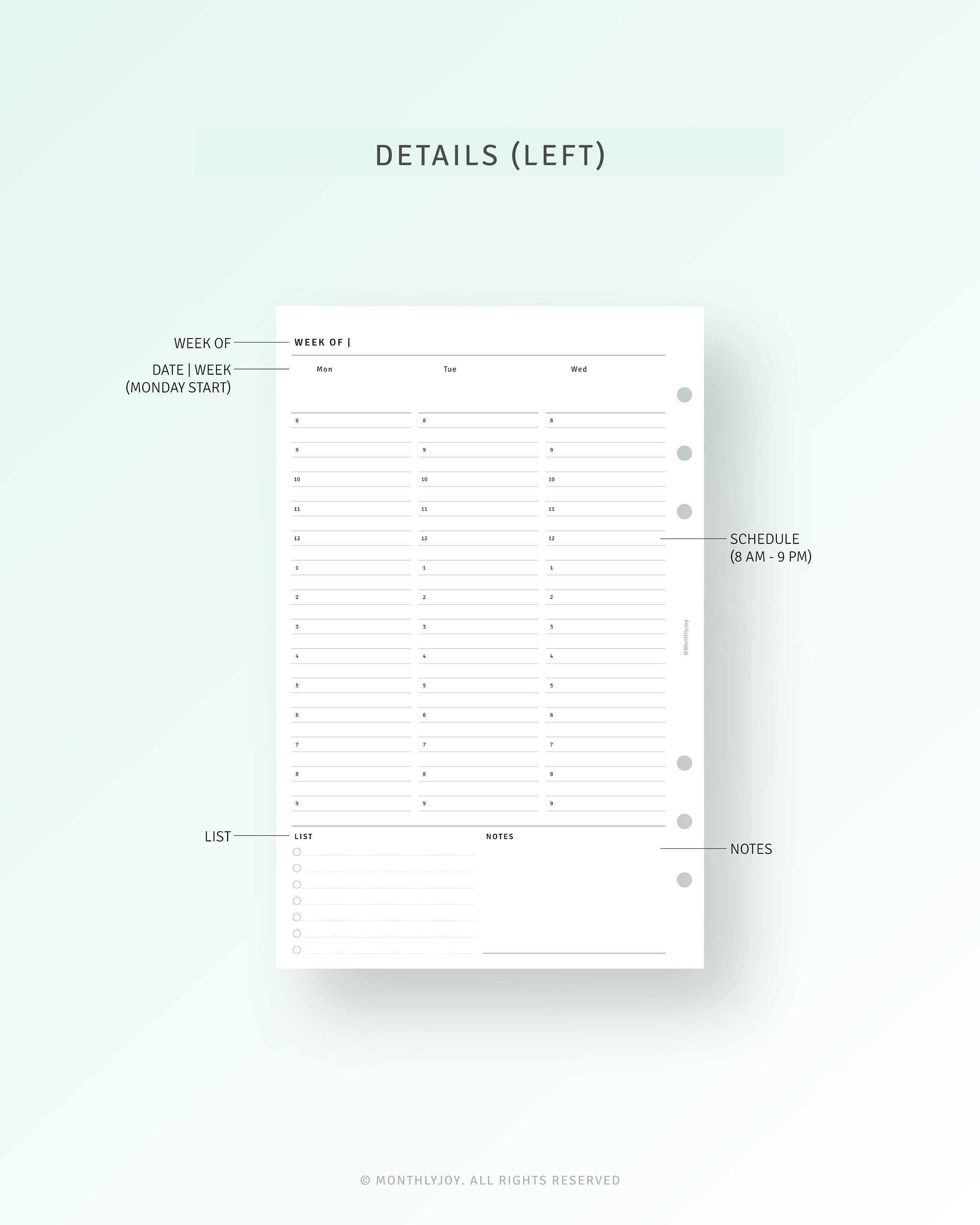 Simple Weekly Hourly Planner Printable Half Size Ring Inserts, Week ...