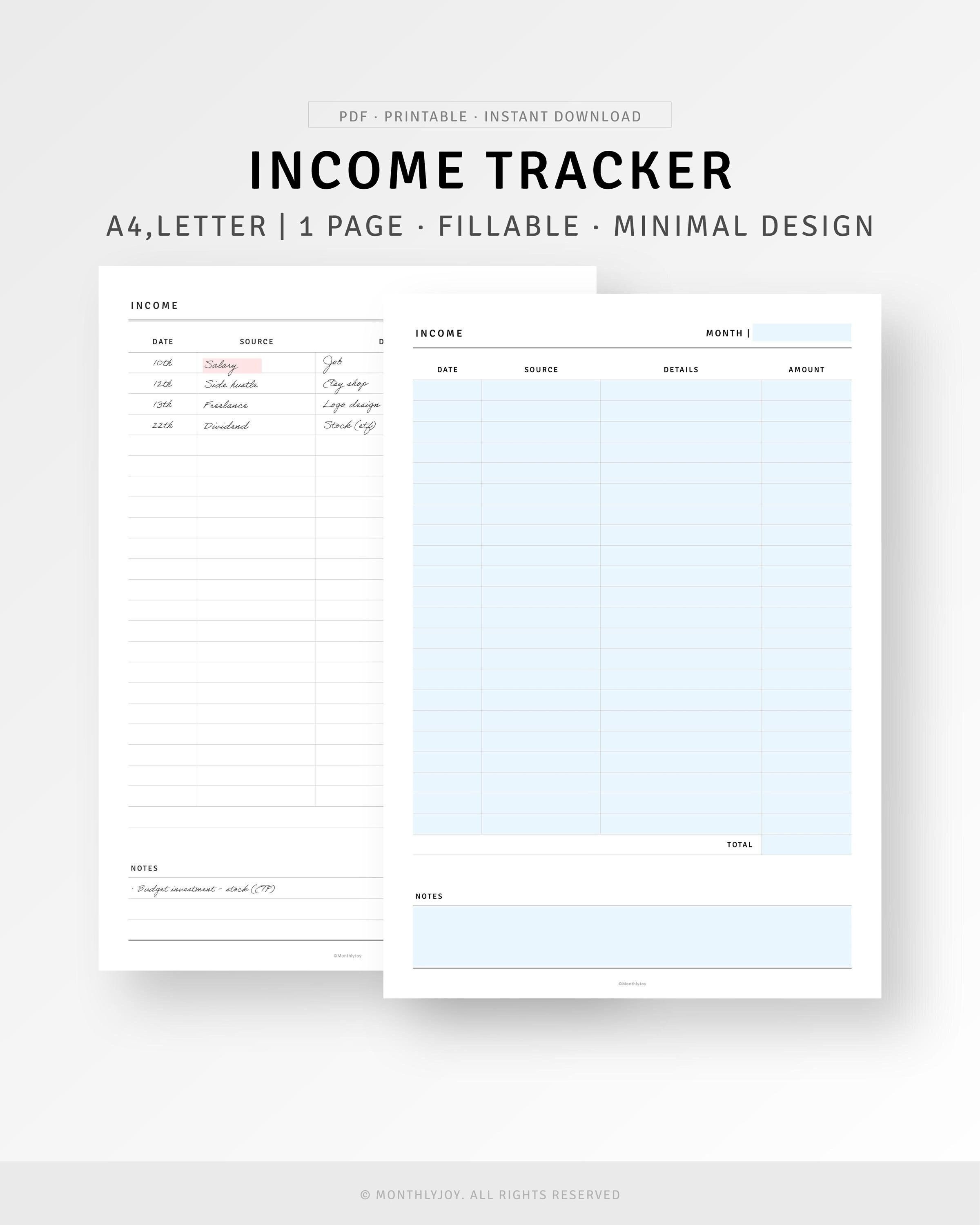 Income Tracker A4, Letter Printable Fillable Monthly Budget Overview ...