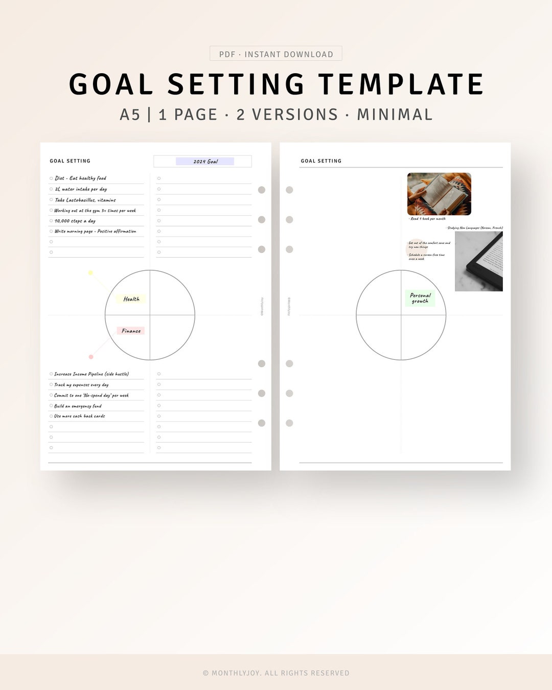 Goal Setting Template Printable A5 Size Inserts, Personal Development ...
