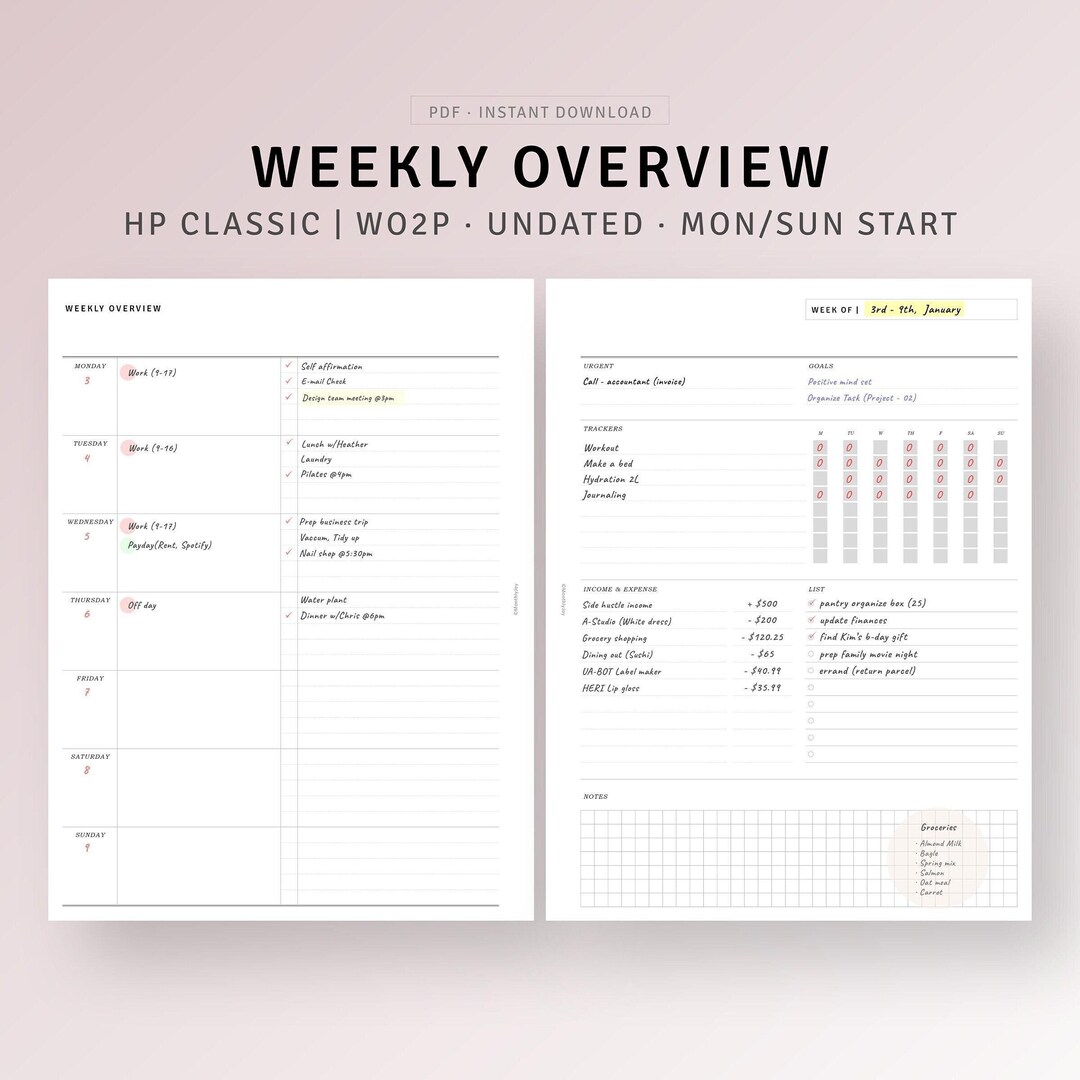 Weekly Overview Template HP Classic Inserts Printable Undated Weekly ...